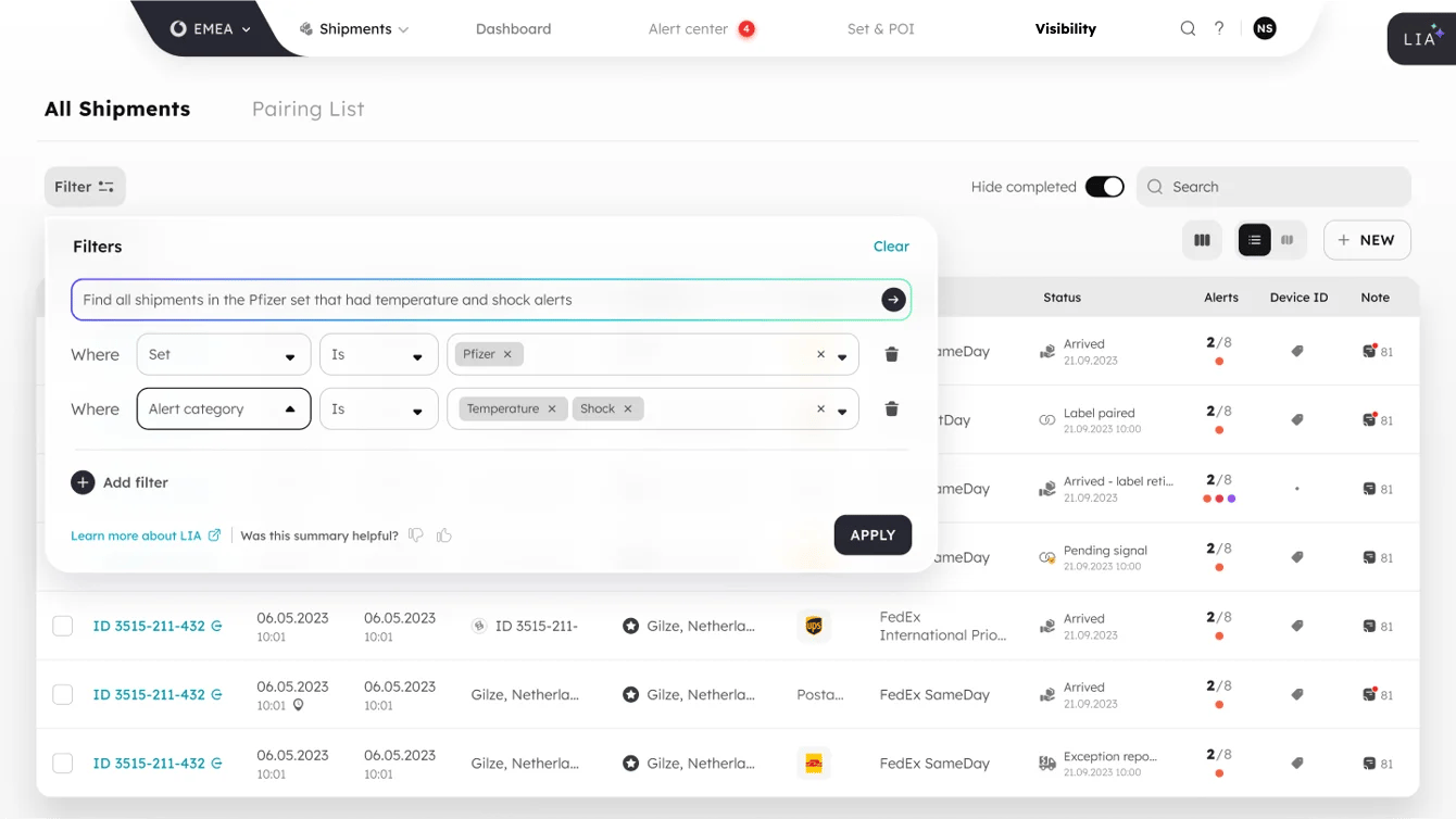 Using Natural Language to Filter Shipments in Sensos Sync